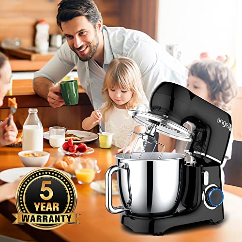 Mini Angel Electric Stand Mixer, 5.5 Quarts, Dough Hook, Flat Beater, Wire Whisk Attachments, 10+P Speeds with Splash Guard, Black with DIY STICKERS