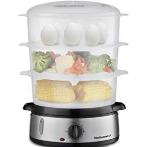 Elite Gourmet Maxi-Matic Electric Food Vegetable Steamer with BPA-Free 3 Tier Stackable, Nested Basket Trays, Auto Shut-off 60-min Timer, 800W, 9.5 Quart, Stainless Steel, (EST4401#)