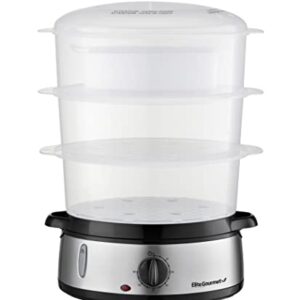 Elite Gourmet Maxi-Matic Electric Food Vegetable Steamer with BPA-Free 3 Tier Stackable, Nested Basket Trays, Auto Shut-off 60-min Timer, 800W, 9.5 Quart, Stainless Steel, (EST4401#)