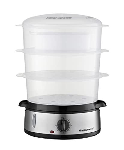 Elite Gourmet Maxi-Matic Electric Food Vegetable Steamer with BPA-Free 3 Tier Stackable, Nested Basket Trays, Auto Shut-off 60-min Timer, 800W, 9.5 Quart, Stainless Steel, (EST4401#)