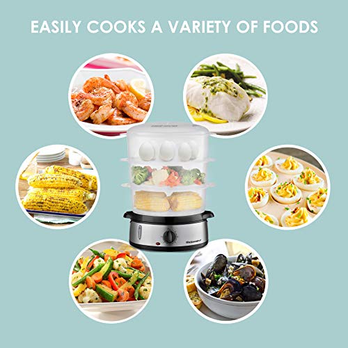 Elite Gourmet Maxi-Matic Electric Food Vegetable Steamer with BPA-Free 3 Tier Stackable, Nested Basket Trays, Auto Shut-off 60-min Timer, 800W, 9.5 Quart, Stainless Steel, (EST4401#)