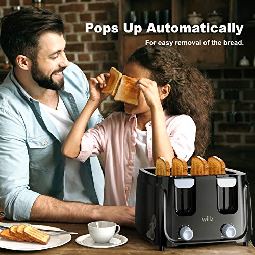 Willz 4-Slice Toaster, Extra Wide Slot with 6 Browning Levels, Compact Toaster for Bread, Removable Crumb Tray, Auto Shut-off & Easy Clean, Black