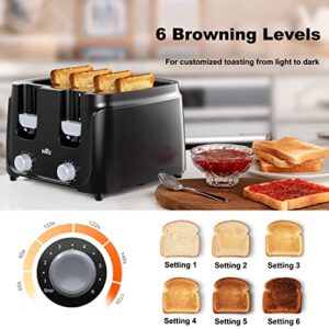 Willz 4-Slice Toaster, Extra Wide Slot with 6 Browning Levels, Compact Toaster for Bread, Removable Crumb Tray, Auto Shut-off & Easy Clean, Black