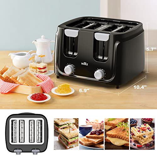 Willz 4-Slice Toaster, Extra Wide Slot with 6 Browning Levels, Compact Toaster for Bread, Removable Crumb Tray, Auto Shut-off & Easy Clean, Black