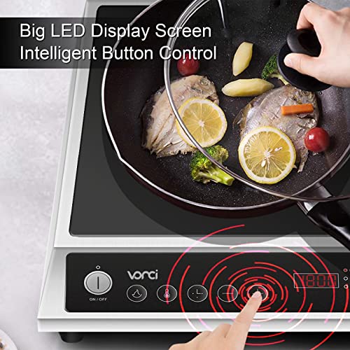 VONCI 1800W Commercial Induction Cooktop, Durable Countertop Burner with Stainless Steel Housing, Professional Countertop Induction Cooker with Big LED Screen and Button Control for Restaurant.