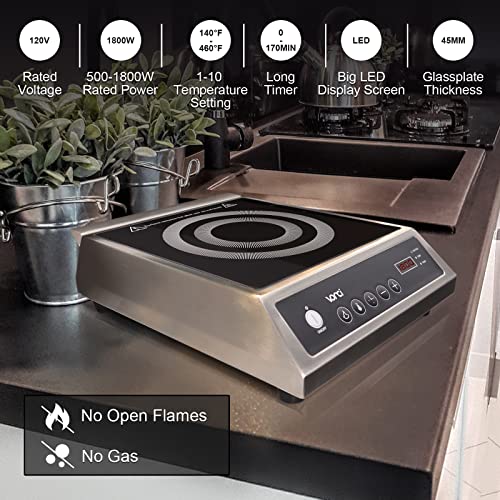 VONCI 1800W Commercial Induction Cooktop, Durable Countertop Burner with Stainless Steel Housing, Professional Countertop Induction Cooker with Big LED Screen and Button Control for Restaurant.