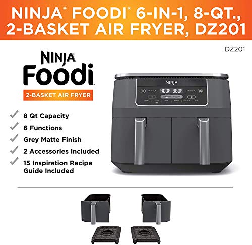 Ninja DZ100 Foodi 4-in-1, 8-qt, 2-Basket Air Fryer with DualZone Technology, Renewed, DZ201, Ninja DZ201-- 8-Quart