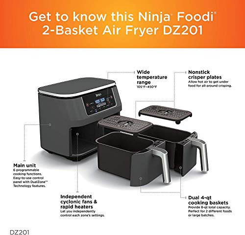 Ninja DZ100 Foodi 4-in-1, 8-qt, 2-Basket Air Fryer with DualZone Technology, Renewed, DZ201, Ninja DZ201-- 8-Quart