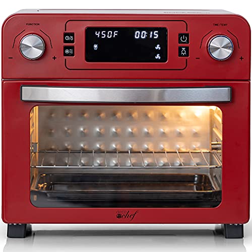 Deco Chef 24 QT Red Stainless Steel Countertop 1700 Watt Toaster Oven with Built-in Air Fryer and Included Rotisserie Assembly, Grill Rack, Frying Basket, and Baking Pan