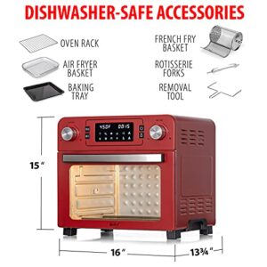 Deco Chef 24 QT Red Stainless Steel Countertop 1700 Watt Toaster Oven with Built-in Air Fryer and Included Rotisserie Assembly, Grill Rack, Frying Basket, and Baking Pan