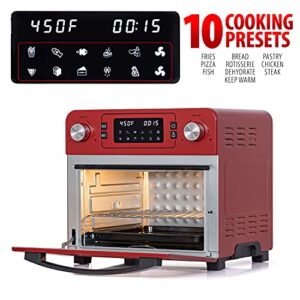 Deco Chef 24 QT Red Stainless Steel Countertop 1700 Watt Toaster Oven with Built-in Air Fryer and Included Rotisserie Assembly, Grill Rack, Frying Basket, and Baking Pan