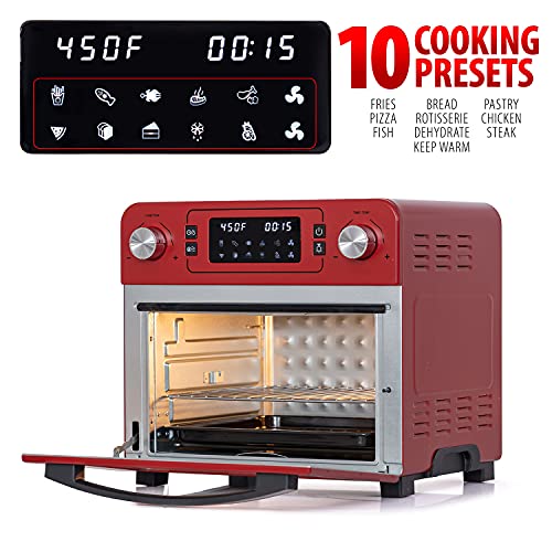 Deco Chef 24 QT Red Stainless Steel Countertop 1700 Watt Toaster Oven with Built-in Air Fryer and Included Rotisserie Assembly, Grill Rack, Frying Basket, and Baking Pan