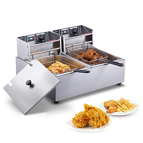 VEVOR Commercial Electric Deep Fryer, 24L Large Capacity Electric Countertop Fryer w/Dual Removable Basket, 3000W Stainless Steel Dual Deep Fryer for Kitchen, Restaurant and Commercial Use, Silver