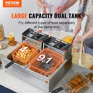 VEVOR Commercial Electric Deep Fryer, 24L Large Capacity Electric Countertop Fryer w/Dual Removable Basket, 3000W Stainless Steel Dual Deep Fryer for Kitchen, Restaurant and Commercial Use, Silver