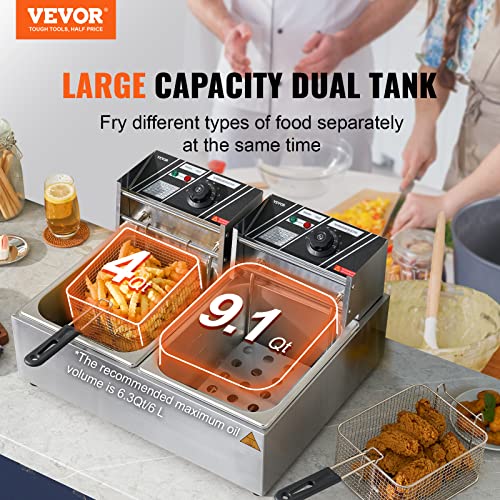 VEVOR Commercial Electric Deep Fryer, 24L Large Capacity Electric Countertop Fryer w/Dual Removable Basket, 3000W Stainless Steel Dual Deep Fryer for Kitchen, Restaurant and Commercial Use, Silver