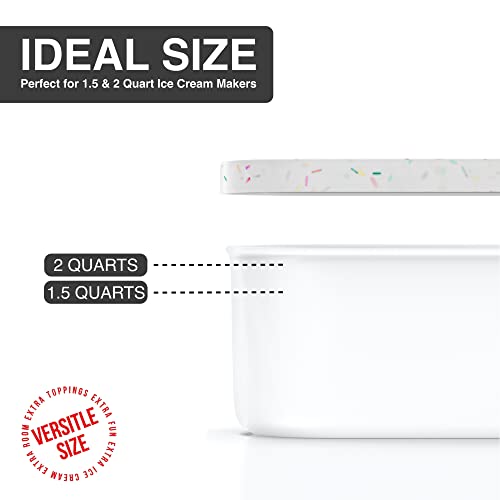 BALCI - Ice Cream Container - 2 Quart - Perfect Reusable Freezer Storage for Homemade Ice Cream Tubs for Sorbet, Frozen Yogurt and Gelato! - Flexible Silicone Lids, Long Scoop - White with Sprinkles