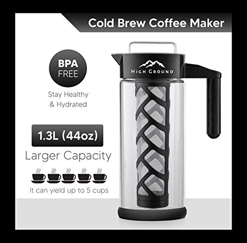 High Ground - Cold Brew Coffee Maker, Tea Brewer, Mesh Filter, 1.3L (44oz) BPA Free Iced Coffee Maker