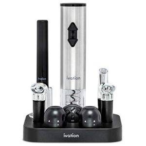 ivation 9-piece wine opener gift set | deluxe bar kit with electric battery-operated bottle opener, air pump cork extractor, aerator pourer, wine stoppers, champagne stoppers, foil cutter & stand