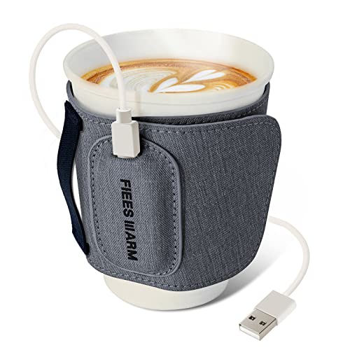 Coffee and Drinks Heated Sleeve Reusable Coffee Warmer with Portable USB Fast Charging Heats Cups, a Drink Holder with an Adjustable Sleeve, Type C USB Cable Included (Grey)