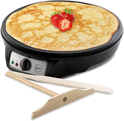 Lumme Crepe Maker - Nonstick 12-inch Breakfast Griddle Hot Plate Cooktop with Adjustable Temperature Control and LED Indicator Light, Includes Wooden Spatula and Batter Spreader.