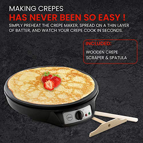 Lumme Crepe Maker - Nonstick 12-inch Breakfast Griddle Hot Plate Cooktop with Adjustable Temperature Control and LED Indicator Light, Includes Wooden Spatula and Batter Spreader.