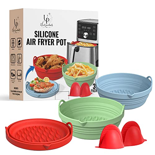 3 packs Foldable air fryer silicone pot/air fryer liners 7.5inch/air fryer silicone liner pot 8.5 inch/reusable silicone pot with silicone oven mitts/easy to clean oven air fryer silicone baking pot