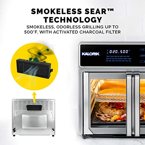 Kalorik MAXX Air Fryer Oven Grill, 26 Quart, Smokeless Indoor Grill and Air Fryer Oven Combo, Up to 500°F, 1700W, Digital Display, 22 Presets, 11 Accessories and Bonus Cookbook