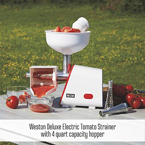 Weston Deluxe Electric Tomato Strainer, Food Mill, Sauce Maker for Salsa, Fruits, Apples, Berries, 4 Quart (82-0250-W), White