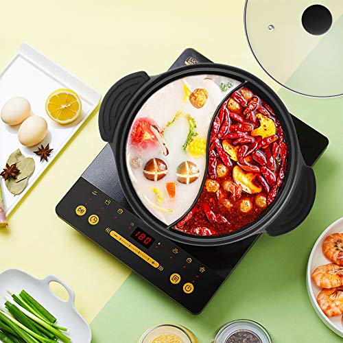 Hot Pot with Divider for Induction Cooker Dual Sided Soup Cookware Two-flavor Chinese Shabu Shabu Pot for Home Party Family Gathering, 4.5 Quart (Red)