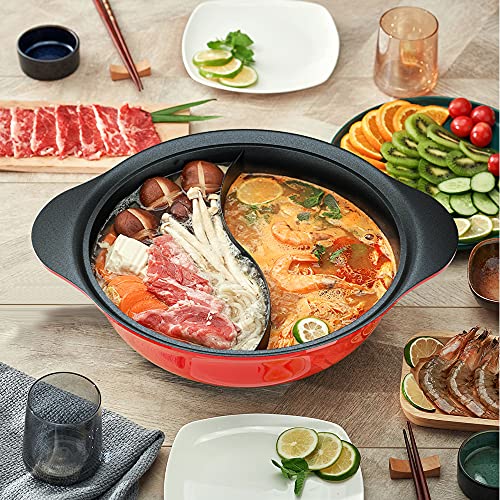 Hot Pot with Divider for Induction Cooker Dual Sided Soup Cookware Two-flavor Chinese Shabu Shabu Pot for Home Party Family Gathering, 4.5 Quart (Red)