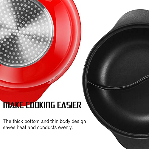 Hot Pot with Divider for Induction Cooker Dual Sided Soup Cookware Two-flavor Chinese Shabu Shabu Pot for Home Party Family Gathering, 4.5 Quart (Red)