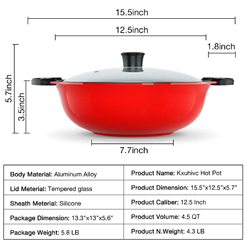 Hot Pot with Divider for Induction Cooker Dual Sided Soup Cookware Two-flavor Chinese Shabu Shabu Pot for Home Party Family Gathering, 4.5 Quart (Red)