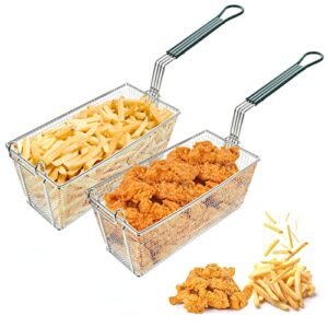 delizon 2pcs deep fryer basket with front hooks non-slip handle, 13.2″x 6.5″x 5.9″ basket and 11.2″ long handle deep fried drain basket for floor fryer, easy installation