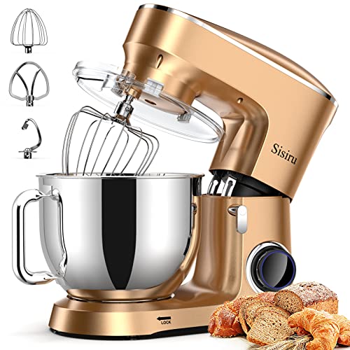 Sisiru Stand Mixer, 660W 6+P Speed Tilt-Head Electric Kitchen Mixer with 8.5 Qt Stainless Steel Bowl Dough Hooks, Whisk, Beater and Suction Cup Bottom Splash Guard, Dishwasher Safe, Gold