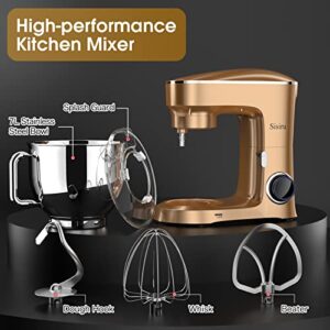 Sisiru Stand Mixer, 660W 6+P Speed Tilt-Head Electric Kitchen Mixer with 8.5 Qt Stainless Steel Bowl Dough Hooks, Whisk, Beater and Suction Cup Bottom Splash Guard, Dishwasher Safe, Gold