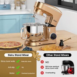 Sisiru Stand Mixer, 660W 6+P Speed Tilt-Head Electric Kitchen Mixer with 8.5 Qt Stainless Steel Bowl Dough Hooks, Whisk, Beater and Suction Cup Bottom Splash Guard, Dishwasher Safe, Gold