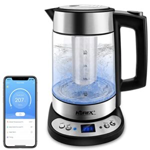 smart electric kettle app control, korex glass water boiler included filter suitable for alexa google home assistant 1.7 l bpa free great for coffee tea milk with overheat protection controlled by smartphone