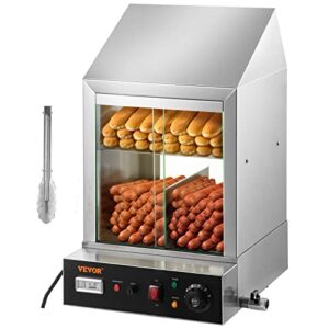 vevor hot dog machine, 36 l, 2-tier hot dog steamer for 200 hotdogs & 42 buns, 1200w electric bun warmer cooker with rotary knob temp display 7.5 l water tank, stainless frame and tempered glass doors