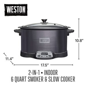 WESTON BRANDS 2-in-1 Indoor Electric Smoker & Programmable Slow Cooker, 6 Quart, With 3-Tier Smoking Rack for Meat, Cheese and More, Dishwasher Safe Crock, Temperature Probe, Black (03-2500-W)