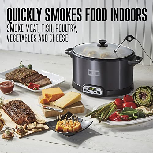 WESTON BRANDS 2-in-1 Indoor Electric Smoker & Programmable Slow Cooker, 6 Quart, With 3-Tier Smoking Rack for Meat, Cheese and More, Dishwasher Safe Crock, Temperature Probe, Black (03-2500-W)