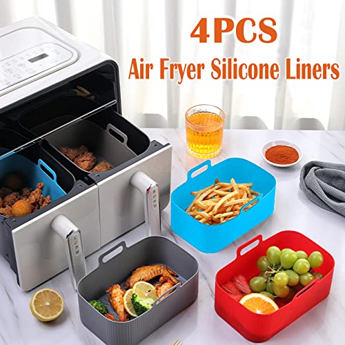 4PCS Air Fryer Silicone Liners,LYHOLKEER Dual Air Fryer Silicone Pot for 8 to 10 QT,Heat Resistant Rectangular Silicone Air Fryer Basket,Air Fryer Liners Reusable for Air Fryer Accessories