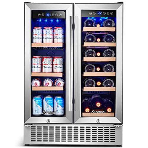 AAOBOSI 24 Inch Wine and Beverage Refrigerator - 19 Bottles & 57 Cans Capacity Wine Cooler with Dual Zone - Wine Fridge Built in Counter or Freestanding - 2 Safety Locks and Blue Interior Light