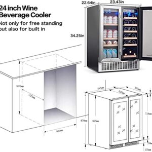 AAOBOSI 24 Inch Wine and Beverage Refrigerator - 19 Bottles & 57 Cans Capacity Wine Cooler with Dual Zone - Wine Fridge Built in Counter or Freestanding - 2 Safety Locks and Blue Interior Light