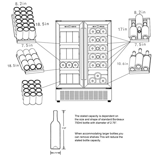 AAOBOSI 24 Inch Wine and Beverage Refrigerator - 19 Bottles & 57 Cans Capacity Wine Cooler with Dual Zone - Wine Fridge Built in Counter or Freestanding - 2 Safety Locks and Blue Interior Light