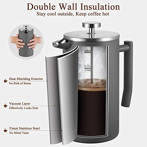 Veken 【Look for a New French Press French Press Coffee Tea Maker 34oz, 304 Stainless Steel Insulated Coffee Press with 4 Filter Screens Milk Frother, Rust-Free, Dishwasher Safe, Grey