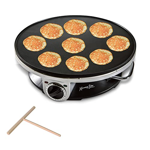 Morning Star Electric Crepe Maker Machine with 13-inch Non-stick Griddle Ideal for Pancakes, Eggs, Tortillas, & Lefse with Batter Spreader and attached Handle Crepes Maker