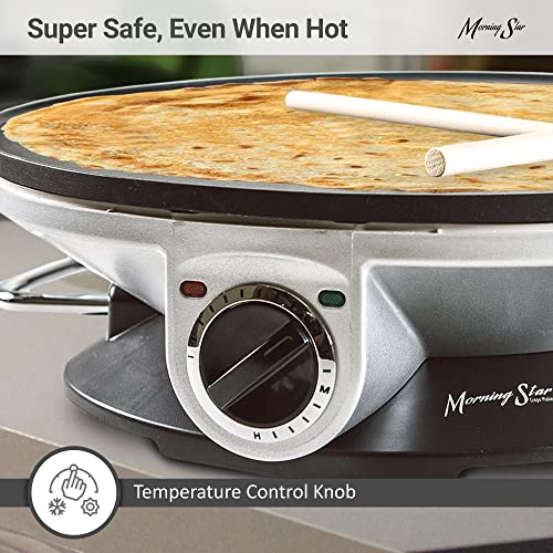 Morning Star Electric Crepe Maker Machine with 13-inch Non-stick Griddle Ideal for Pancakes, Eggs, Tortillas, & Lefse with Batter Spreader and attached Handle Crepes Maker