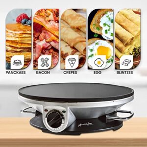 Morning Star Electric Crepe Maker Machine with 13-inch Non-stick Griddle Ideal for Pancakes, Eggs, Tortillas, & Lefse with Batter Spreader and attached Handle Crepes Maker