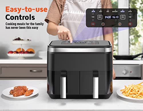 DyBaxa 10Qt 6-in-1 Dual Basket Air Fryer, 2 Independent Air Fry Baskets, ClearCook Windows, Easy-to-Control Panel, Roast Broil Dehydrate&More for Quick & Easy Meals, Nonstick & Dishwasher-Safe Basket