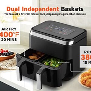 DyBaxa 10Qt 6-in-1 Dual Basket Air Fryer, 2 Independent Air Fry Baskets, ClearCook Windows, Easy-to-Control Panel, Roast Broil Dehydrate&More for Quick & Easy Meals, Nonstick & Dishwasher-Safe Basket